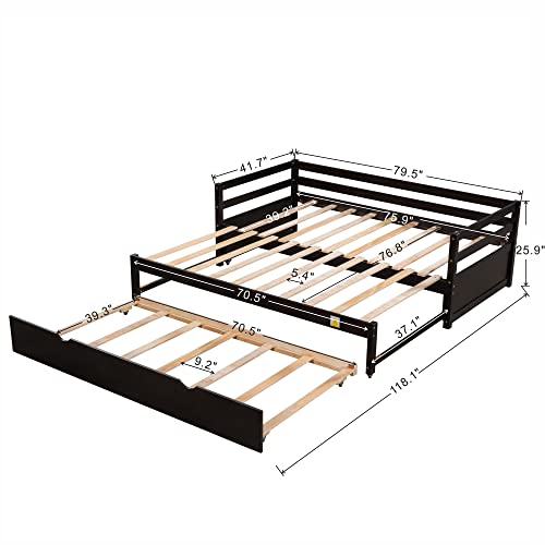 Merax Wood Daybed with Pop Up Trundle Twin to King Triple Sofa Bed for Kids Teens Adults/No Box Spring Needed Espresso