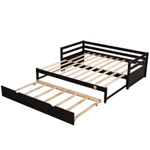 Merax Wood Daybed with Pop Up Trundle Twin to King Triple Sofa Bed for Kids Teens Adults/No Box Spring Needed Espresso