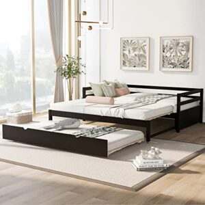 Merax Wood Daybed with Pop Up Trundle Twin to King Triple Sofa Bed for Kids Teens Adults/No Box Spring Needed Espresso