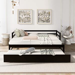 Merax Wood Daybed with Pop Up Trundle Twin to King Triple Sofa Bed for Kids Teens Adults/No Box Spring Needed Espresso