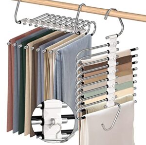 upgrade 9 layers pants hangers space saving, 2 pack non slip stainless steel multifunctional rack s-type closet organizer with hooks for leggings trousers, antiquewhite