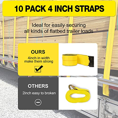 Autofonder Winch Straps 4" x 30' Yellow Heavy Duty Tie Down Flat Hooks WLL 5400 lbs | 4 Inch Cargo Control for Flatbed Truck Utility Trailer (10 Pack)