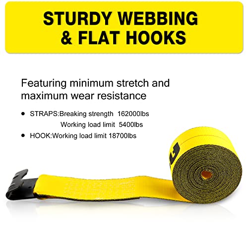 Autofonder Winch Straps 4" x 30' Yellow Heavy Duty Tie Down Flat Hooks WLL 5400 lbs | 4 Inch Cargo Control for Flatbed Truck Utility Trailer (10 Pack)