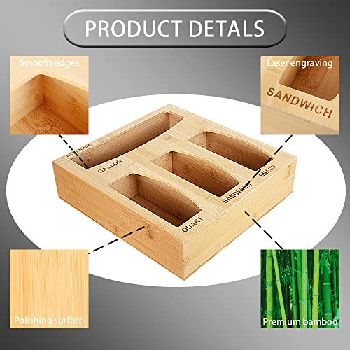 AXUANHUA Ziplock Bag Organizer, Wooden Food Ziplock Bag Organizer for Drawer or Wall Mount, 4 in 1 Ziplock Bag Storage Organizer, Compatible with Gallon Bag, Quart Bag, Sandwich Bag and Snack Bag