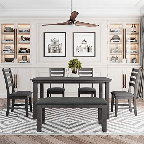 GLORHOME Piece Kitchen Dining Set for 6, Farmhouse Rustic Style Rectangular Wood Table and 4 Chairs 1 Bench with Padded Cushion for Family, Gray, Dark Grey