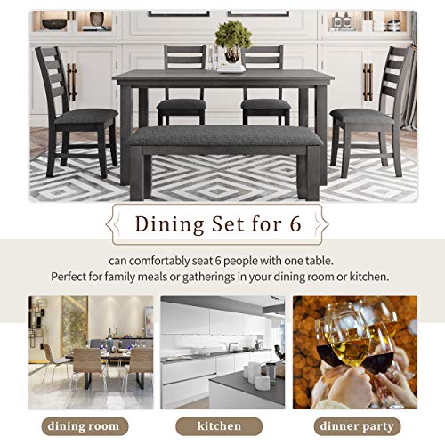 GLORHOME Piece Kitchen Dining Set for 6, Farmhouse Rustic Style Rectangular Wood Table and 4 Chairs 1 Bench with Padded Cushion for Family, Gray, Dark Grey