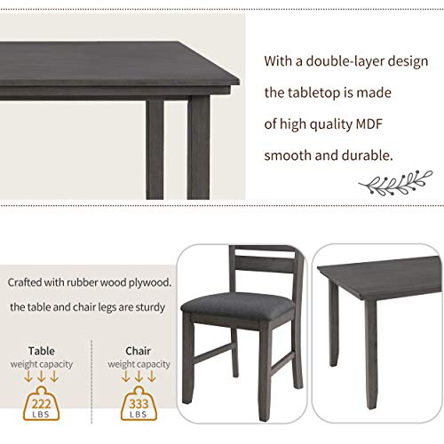 GLORHOME Piece Kitchen Dining Set for 6, Farmhouse Rustic Style Rectangular Wood Table and 4 Chairs 1 Bench with Padded Cushion for Family, Gray, Dark Grey