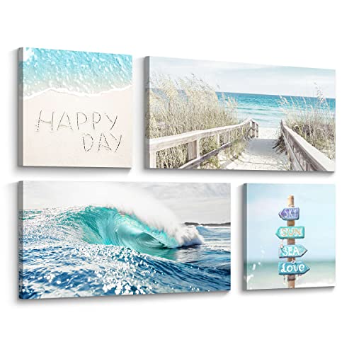 Coastal Canvas Beach Wall Art: 4 Piece Seascape Pathway Painting Surf Ocean Artwork Relax Seaside Street Sign Picture Summer Scenery Holiday Prints for Office Bedroom Bathroom Living Room