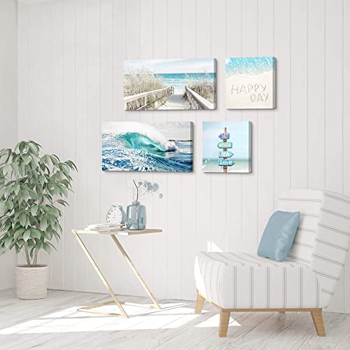 Coastal Canvas Beach Wall Art: 4 Piece Seascape Pathway Painting Surf Ocean Artwork Relax Seaside Street Sign Picture Summer Scenery Holiday Prints for Office Bedroom Bathroom Living Room