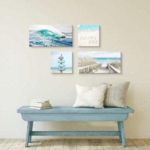 Coastal Canvas Beach Wall Art: 4 Piece Seascape Pathway Painting Surf Ocean Artwork Relax Seaside Street Sign Picture Summer Scenery Holiday Prints for Office Bedroom Bathroom Living Room