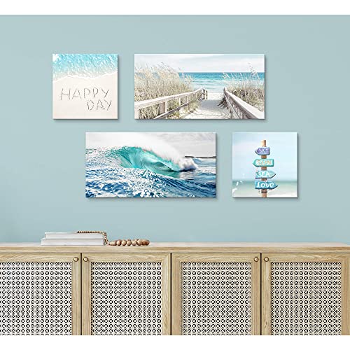 Coastal Canvas Beach Wall Art: 4 Piece Seascape Pathway Painting Surf Ocean Artwork Relax Seaside Street Sign Picture Summer Scenery Holiday Prints for Office Bedroom Bathroom Living Room