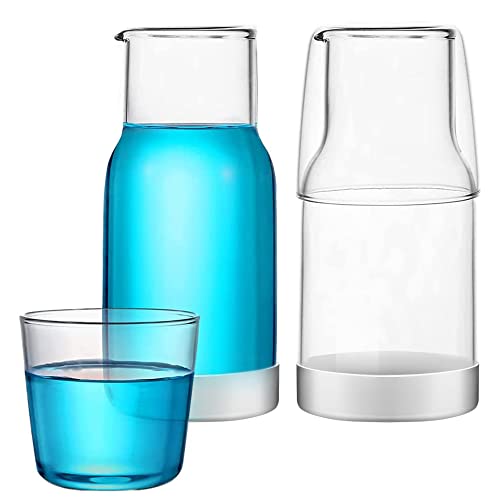 2 Sets Bedside Water Carafe and Glass Set with Tumbler 18oz,Recycled Glass Bedside Night Carafe Mouthwash Decanter with Cup and Silicone Coaster,Clear Juice Pitcher for Living Room,Bathroom,Guest Room