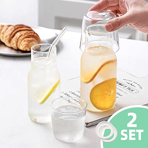 2 Sets Bedside Water Carafe and Glass Set with Tumbler 18oz,Recycled Glass Bedside Night Carafe Mouthwash Decanter with Cup and Silicone Coaster,Clear Juice Pitcher for Living Room,Bathroom,Guest Room