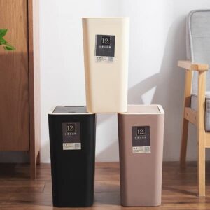 Garbage Container Bin for Bathroom, 3.2 Gallon Slim Trash Can with Press top, Plastic Trash can for Narrow Space, Kitchen, Living Room, Office (Beige)