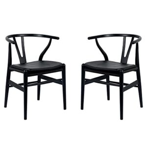 Forsho Set of 2 Solid Wood Wishbone Dining Chair with PU Soft Seat Cushion,Mid-Century Y Back Weave Dining Chair（Ash Wood - Black + Cushion）