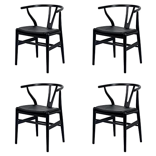 Forsho Set of 2 Solid Wood Wishbone Dining Chair with PU Soft Seat Cushion,Mid-Century Y Back Weave Dining Chair（Ash Wood - Black + Cushion）