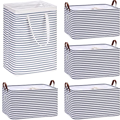 Hinwo 4-Pack 70L Extra Large Canvas Fabric Storage Bins with 77L Laundry Hamper, Navy Stripe