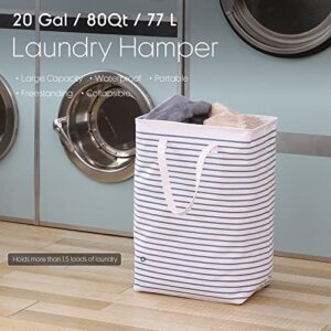 Hinwo 4-Pack 70L Extra Large Canvas Fabric Storage Bins with 77L Laundry Hamper, Navy Stripe