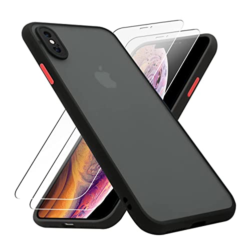 KIOMY iPhone X Case/iPhone Xs Case with 2 HD Tempered Glass Screen Protectors, Translucent Matte Protection Cover with Soft Edge, Hard PC Back and TPU Hybrid Anti Yellow slim fit shell, 5.8 inch black