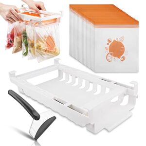 refrigerator organizer bins, refrigerator freezer bag storage rail rack with 20 pack reusable sealed bags and deicing shovel, fridge drawer storage organizer for fruits vegetable food fresh-keeping