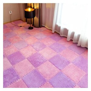 30 pcs interlocking foam mats,plush puzzle floor mat,interlocking floor carpet tiles with border,shaggy area rug for bedroom,12x12 inch,pink+purple