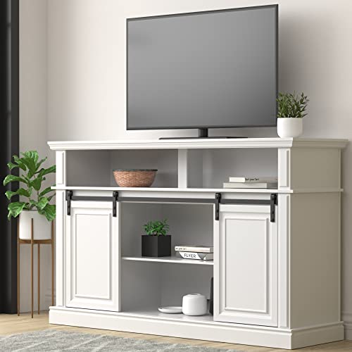 LGHM Raised Panel Molding TV Stand, Entertainment Center for 65 inch TV, 58" White TV Stand with Sliding Barn Door, Stylish Coastal TV Console and Farmhouse TV Stands for Living Room