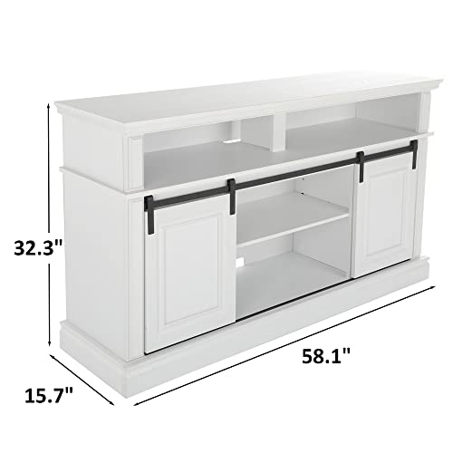 LGHM Raised Panel Molding TV Stand, Entertainment Center for 65 inch TV, 58" White TV Stand with Sliding Barn Door, Stylish Coastal TV Console and Farmhouse TV Stands for Living Room