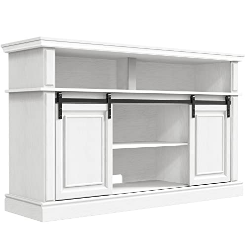 LGHM Raised Panel Molding TV Stand, Entertainment Center for 65 inch TV, 58" White TV Stand with Sliding Barn Door, Stylish Coastal TV Console and Farmhouse TV Stands for Living Room