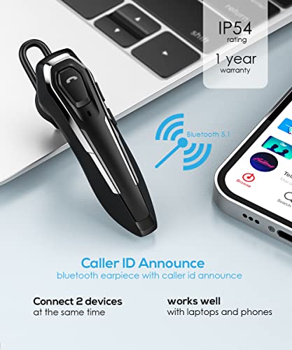 ZOUKAI Bluetooth Headset, Noise Cancelling with 2 Microphones, 30 Hours Talk Time, Announce Caller ID, Hands Free Bluetooth Wireless Earpiece for Cell Phones/Laptop/PC