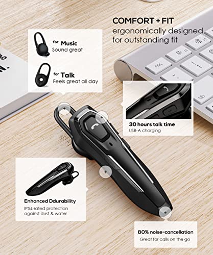 ZOUKAI Bluetooth Headset, Noise Cancelling with 2 Microphones, 30 Hours Talk Time, Announce Caller ID, Hands Free Bluetooth Wireless Earpiece for Cell Phones/Laptop/PC