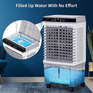 Evaporative Air Cooler, KEGIAN Swamp Cooler with 5.3 Gallon Water Tank, Remote Control, 12 H Timer - Efficient, 3 Modes & Speeds, Humidifying,110° Oscillation,and Portable 3-IN-1 Cooling Fan for Bedroom Home Office