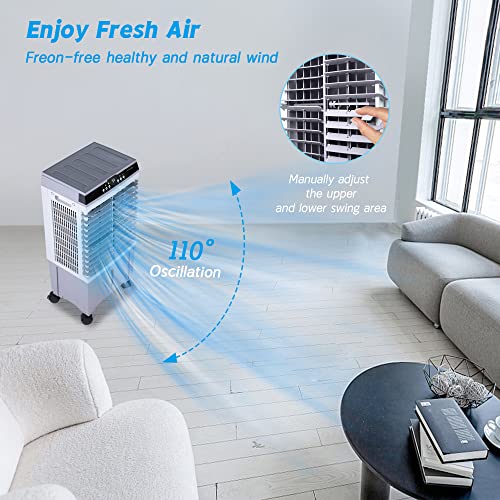 Evaporative Air Cooler, KEGIAN Swamp Cooler with 5.3 Gallon Water Tank, Remote Control, 12 H Timer - Efficient, 3 Modes & Speeds, Humidifying,110° Oscillation,and Portable 3-IN-1 Cooling Fan for Bedroom Home Office