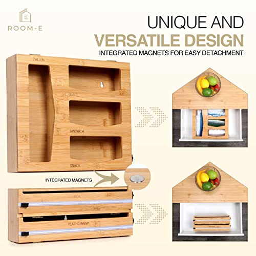 Room-E Bamboo Foil & Plastic Wrap Organizer with Cutter | Ziplock Bag Storage for Drawer Magnetic Break-Apart Design Dispenser Holder, Light Brown