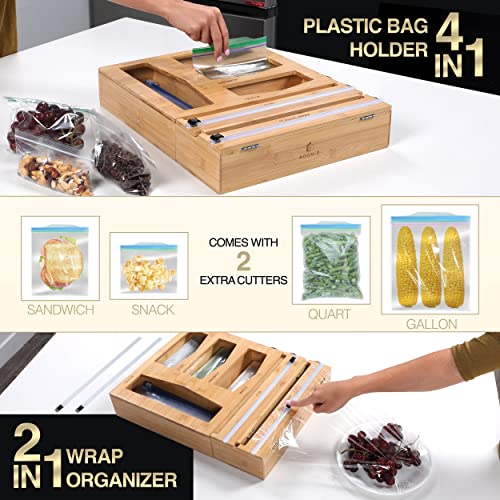 Room-E Bamboo Foil & Plastic Wrap Organizer with Cutter | Ziplock Bag Storage for Drawer Magnetic Break-Apart Design Dispenser Holder, Light Brown