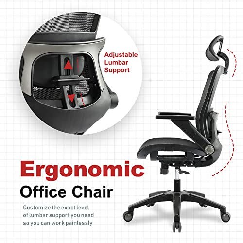 Office Chair Ergonomic Mesh Chair High Back Computer Desk Chair with 3D Armrest Adjustable Lumbar Support and Headrest Receling Chair, Black