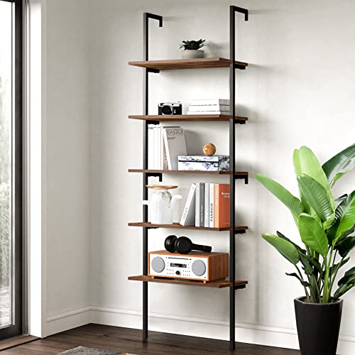 HITIK 5 Tier Wall Mounted Bookshelf, 72 Inches Tall Ladder Shelf with Metal Frame and Wood Board, Modern Industrial Bookshelf for Bedroom, Office, Living Room, Hallway