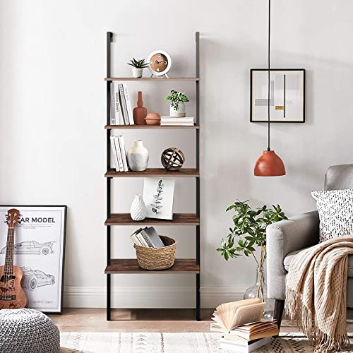 HITIK 5 Tier Wall Mounted Bookshelf, 72 Inches Tall Ladder Shelf with Metal Frame and Wood Board, Modern Industrial Bookshelf for Bedroom, Office, Living Room, Hallway