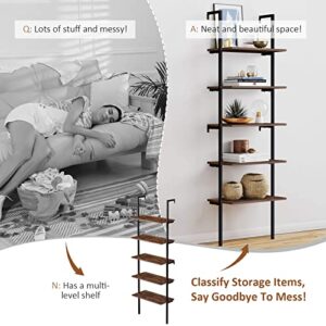 HITIK 5 Tier Wall Mounted Bookshelf, 72 Inches Tall Ladder Shelf with Metal Frame and Wood Board, Modern Industrial Bookshelf for Bedroom, Office, Living Room, Hallway