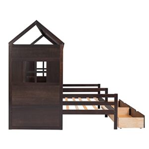 Merax Twin House Shared Bed Frame for Kids, Twin Twin Platform Bed with Drawer, Storage Playhouse Bed Frame with Roof and Fence for Living Room Bedroom