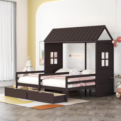 Merax Twin House Shared Bed Frame for Kids, Twin Twin Platform Bed with Drawer, Storage Playhouse Bed Frame with Roof and Fence for Living Room Bedroom