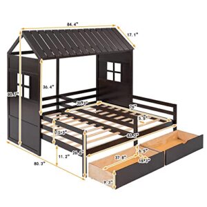 Merax Twin House Shared Bed Frame for Kids, Twin Twin Platform Bed with Drawer, Storage Playhouse Bed Frame with Roof and Fence for Living Room Bedroom