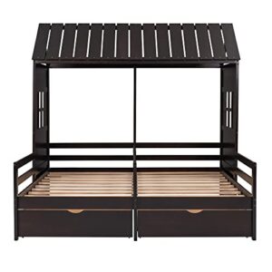 Merax Twin House Shared Bed Frame for Kids, Twin Twin Platform Bed with Drawer, Storage Playhouse Bed Frame with Roof and Fence for Living Room Bedroom