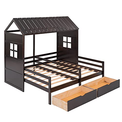 Merax Twin House Shared Bed Frame for Kids, Twin Twin Platform Bed with Drawer, Storage Playhouse Bed Frame with Roof and Fence for Living Room Bedroom