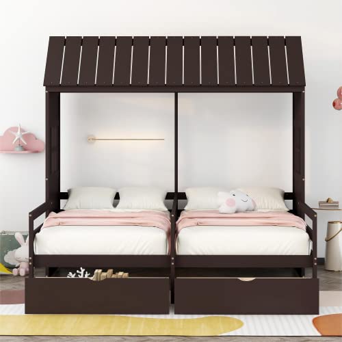 Merax Twin House Shared Bed Frame for Kids, Twin Twin Platform Bed with Drawer, Storage Playhouse Bed Frame with Roof and Fence for Living Room Bedroom