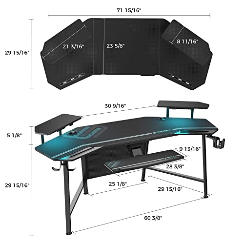 EUREKA ERGONOMIC Wing-Shaped Music Studio Desk 72" Large Gaming Desk with Led Lights Keyboard Tray Tower Holder for Streaming