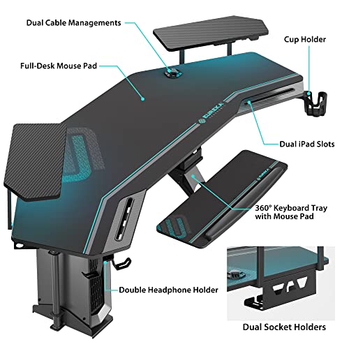 EUREKA ERGONOMIC Wing-Shaped Music Studio Desk 72" Large Gaming Desk with Led Lights Keyboard Tray Tower Holder for Streaming