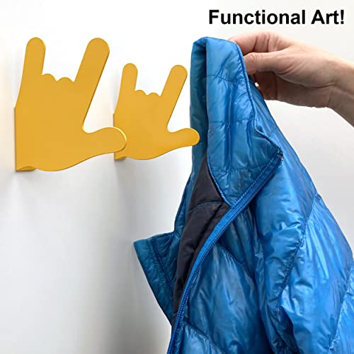 ASTUD Decorative Wall Mounted Hooks (2pcs) Functional Art, Funny, Space-Saving, Heavy Duty Metal Wall Hooks for Bags, Coats, Scarves, Keys, Towels and More (Rock-Yellow)