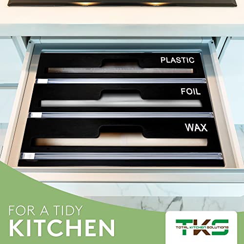 3 in 1 Wrap Dispenser with Cutter -TKS Plastic Wrap, Aluminum Foil, Parchment Wax Paper Organization Storage, Black Bamboo Roll Organizer Holder for Kitchen Drawer