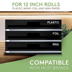 3 in 1 Wrap Dispenser with Cutter -TKS Plastic Wrap, Aluminum Foil, Parchment Wax Paper Organization Storage, Black Bamboo Roll Organizer Holder for Kitchen Drawer