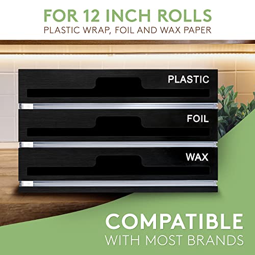 3 in 1 Wrap Dispenser with Cutter -TKS Plastic Wrap, Aluminum Foil, Parchment Wax Paper Organization Storage, Black Bamboo Roll Organizer Holder for Kitchen Drawer